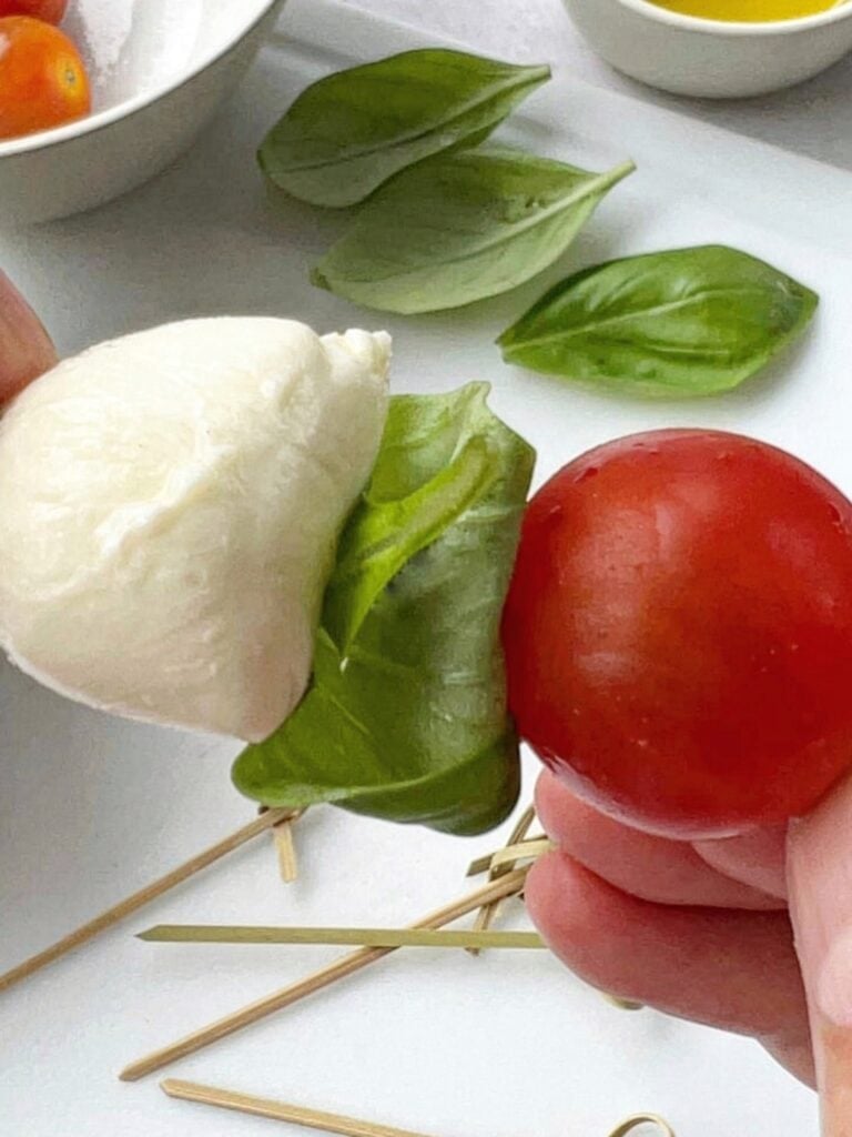 Caprese Salad Skewers with Bocconcini (Appetizer) - Nourish & Tempt