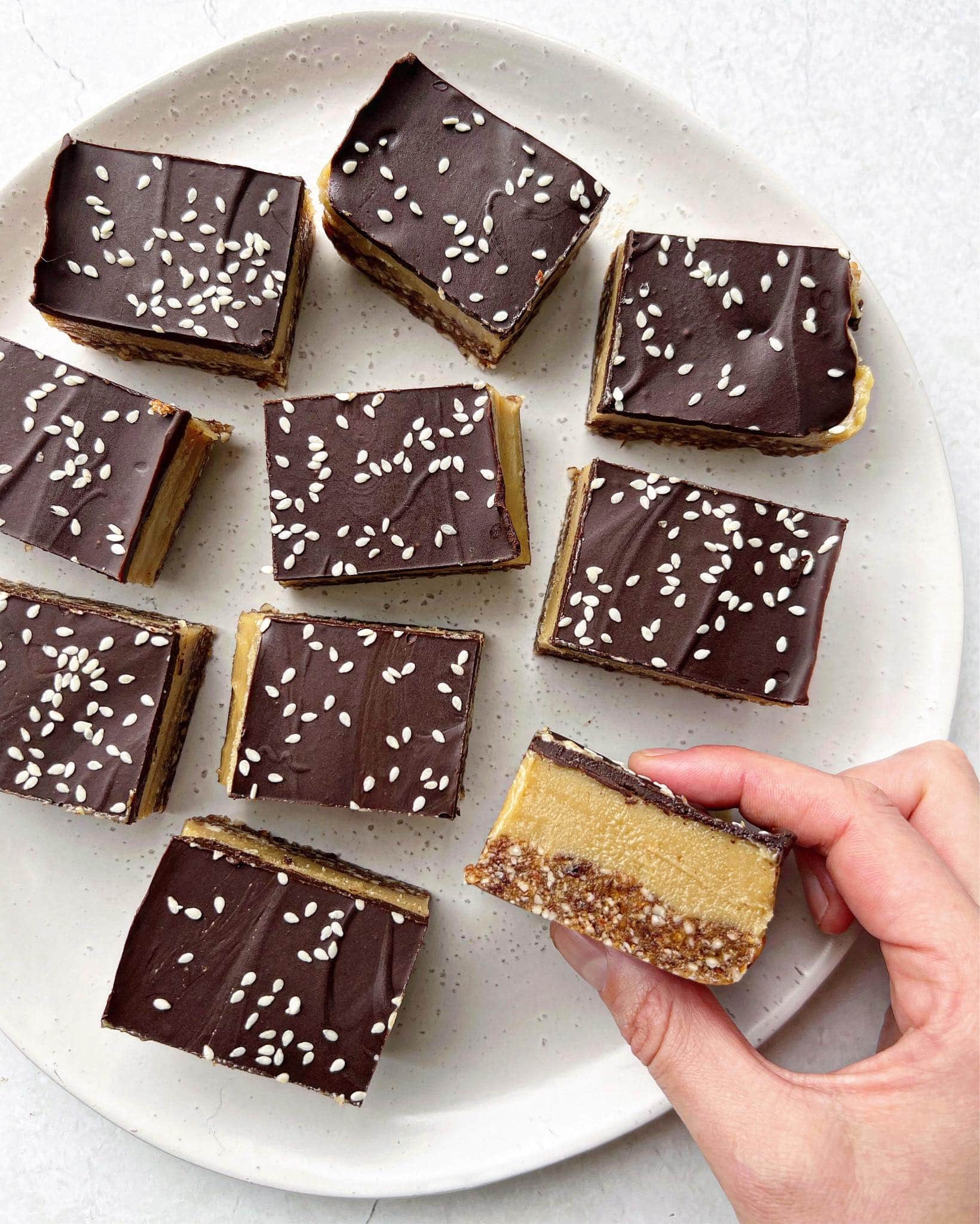 No-Bake Tahini Caramel Dessert Bars - Nourish & Tempt